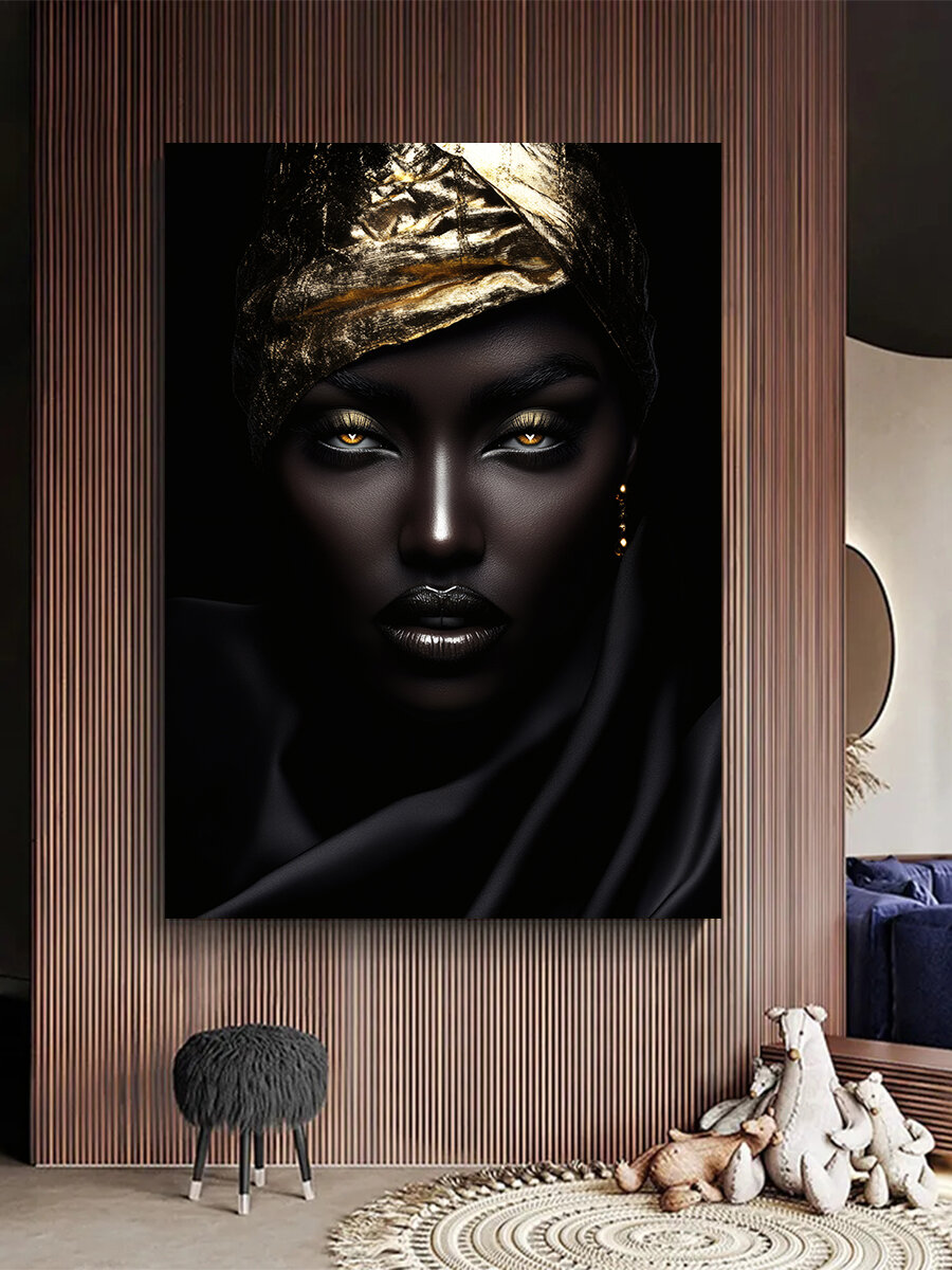 Картина интерьерная - "Африканка / Негритянка, лицо девушки, золото" , 40х60 см.