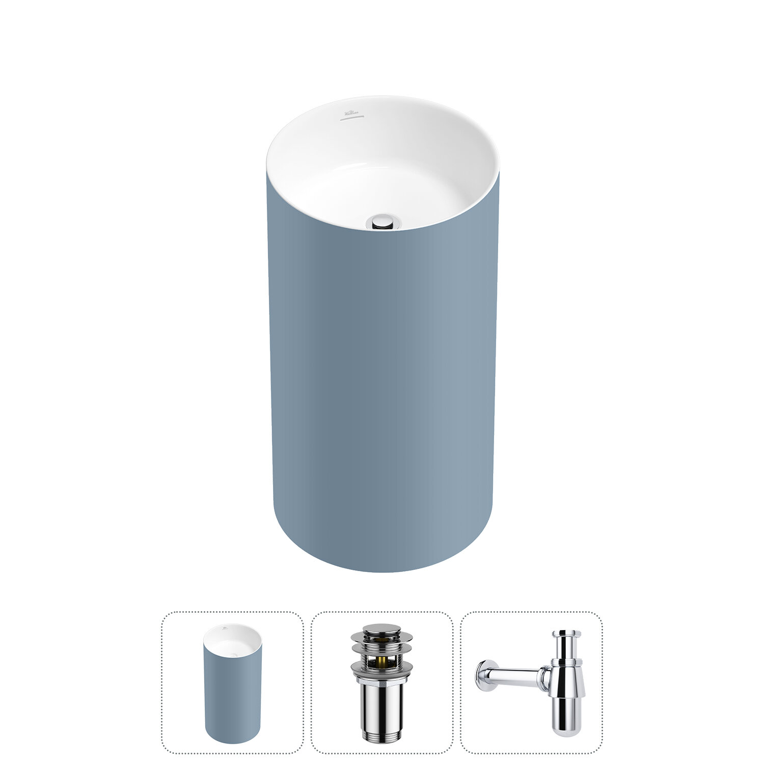 Круглая напольная раковина для ванной Wellsee Chalice Perfection 20212958R в наборе 3 в 1: напольная отдельностоящая раковина моноблок (чаша белый глянец, стенки матовый светло-синий), донный клапан, сифон (цвет хром)