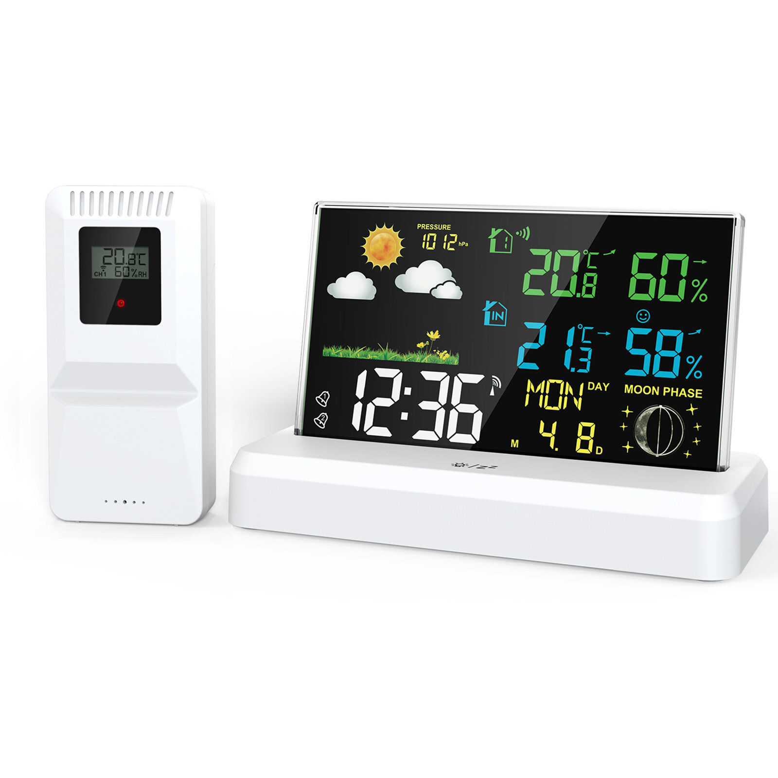 Позитивный дисплей, цифровой электронный будильник высокой четкости, термометр и гигрометр для внутреннего и наружного использования, прогноз погоды, радиоволновые беспроводные погодные часы
