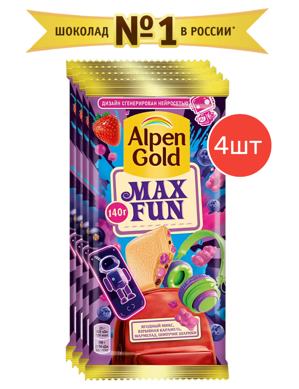 Шоколад белый Alpen Gold MAX FUN ягодный микс с мармеладом, взрывной карамелью, шипучими рисовыми шариками, 140г 4шт