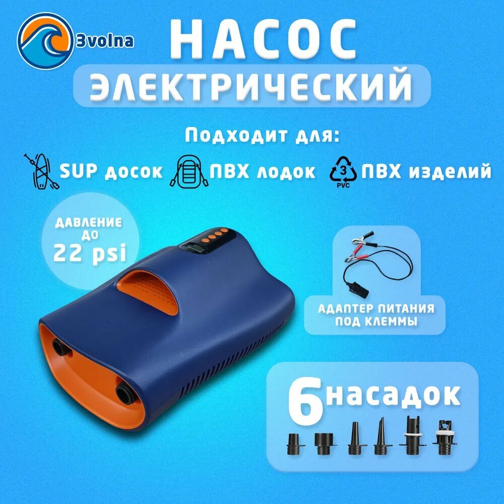 Электрический насос для сапборда sup /сап доски и лодки 22psi SALTY HT-767 , 12 вольт (переходник "с прикуривателя на клеммы" в комплекте)