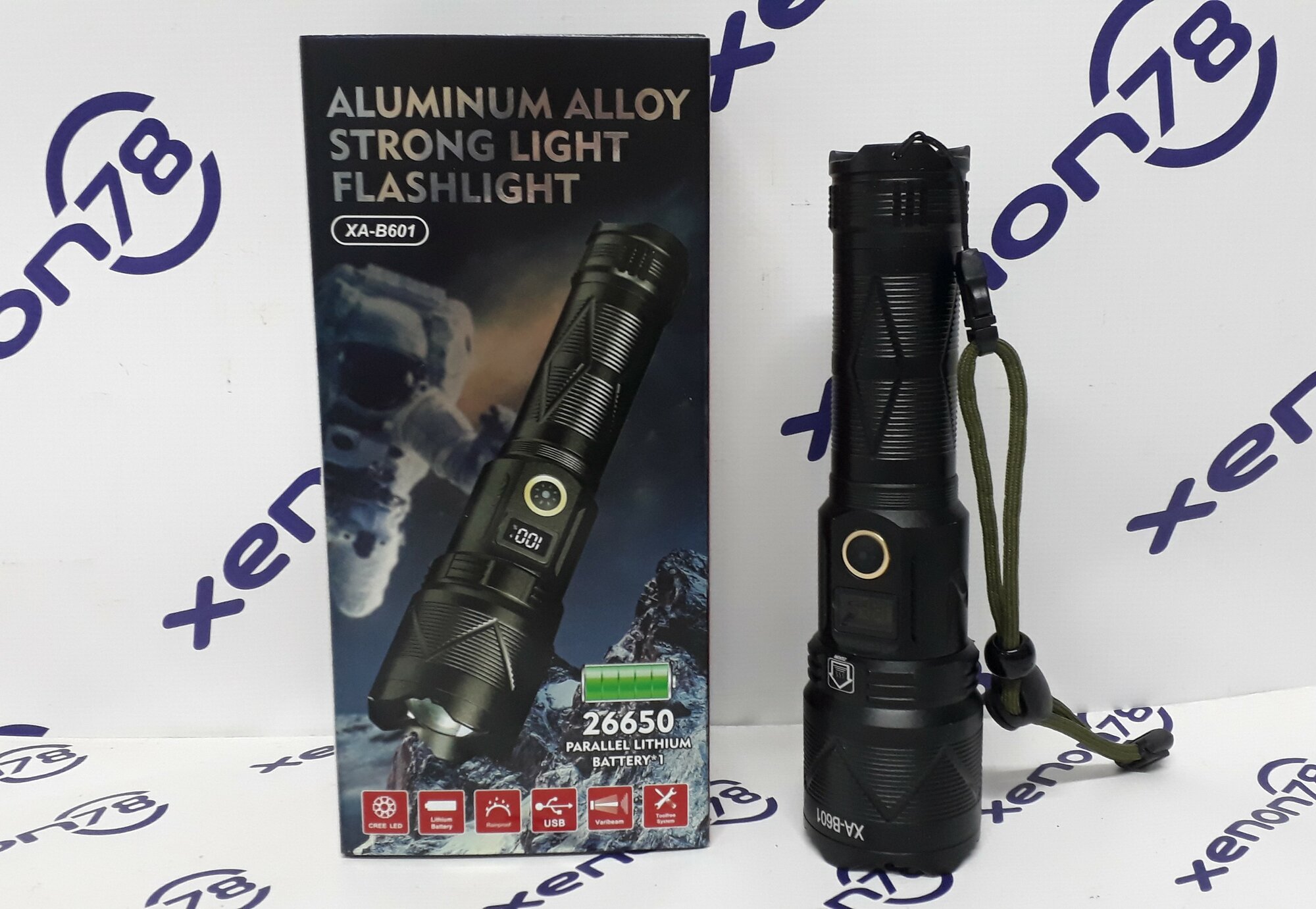 Мощный, светодиодный фонарик XA-B601 (аккумулятор 26650, USB, индикация заряда) - 1 шт