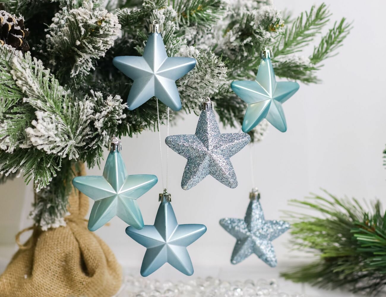 Набор украшений ёлочные звёздочки, пластиковые, глянцевые, матовые, с глиттером, цвет: голубой туман, 7.5 см, 6 шт, Kaemingk 027975