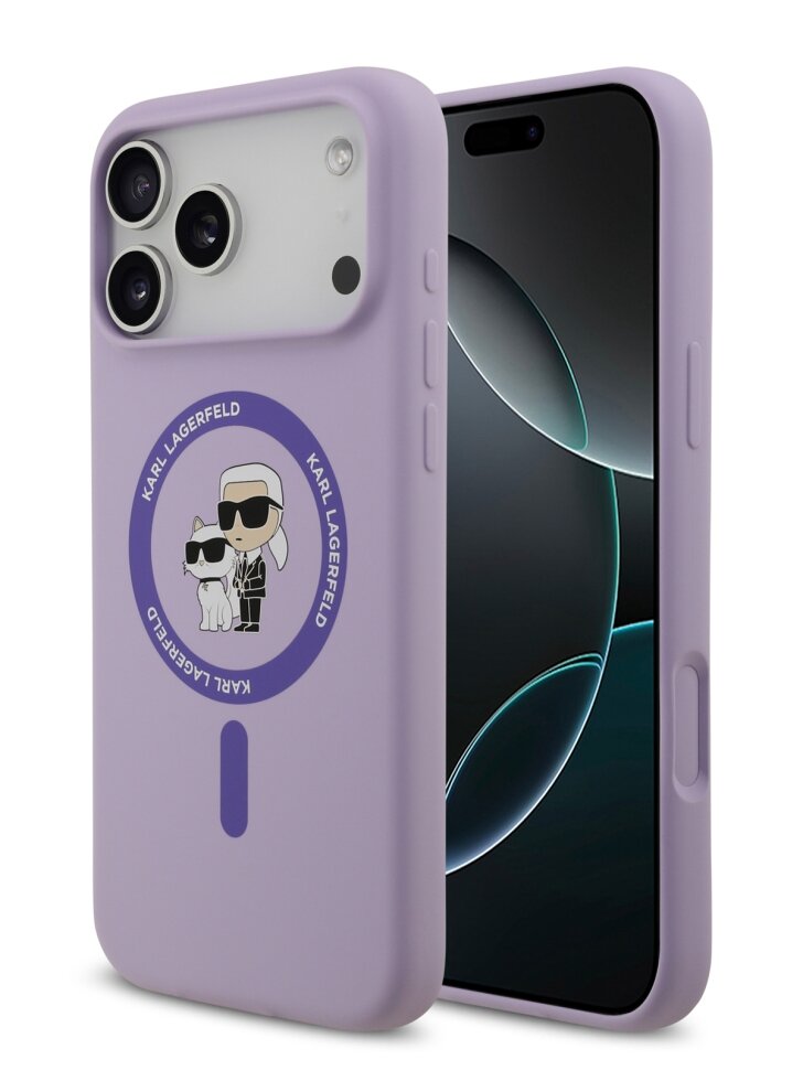 Karl Lagerfeld силиконовый чехол с MagSafe для iPhone 17 Pro Max, Liquid Silicone NFT Karl & Choupette, фиолетовый