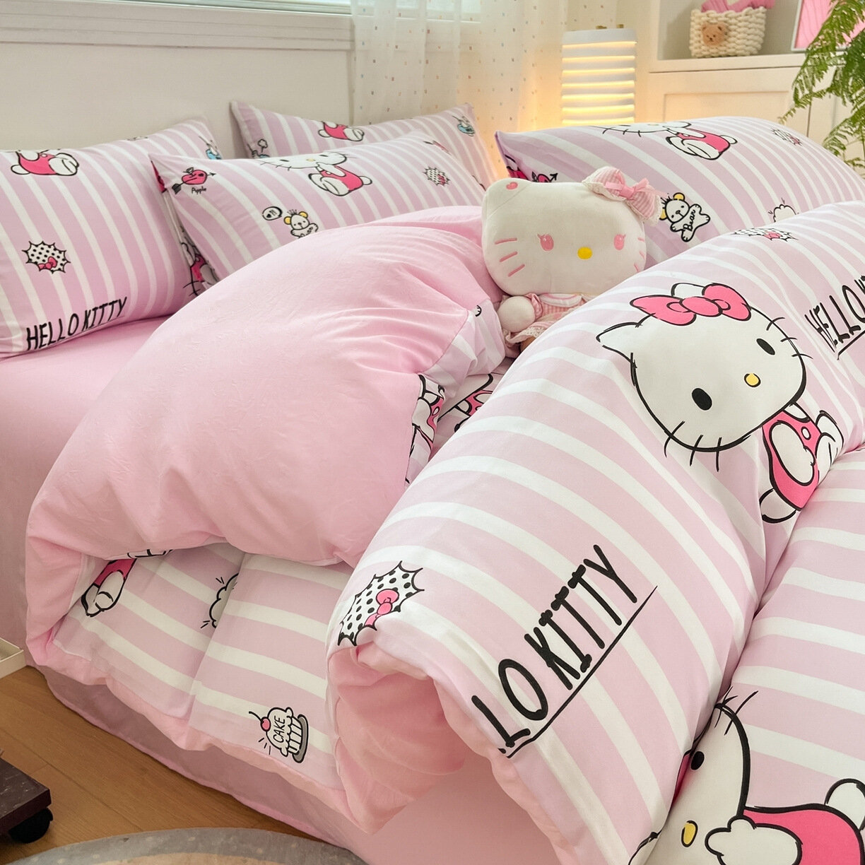 Комплект постельного белья из микрофибры, Hello Kitty, 180x220cm, Розовые полоски