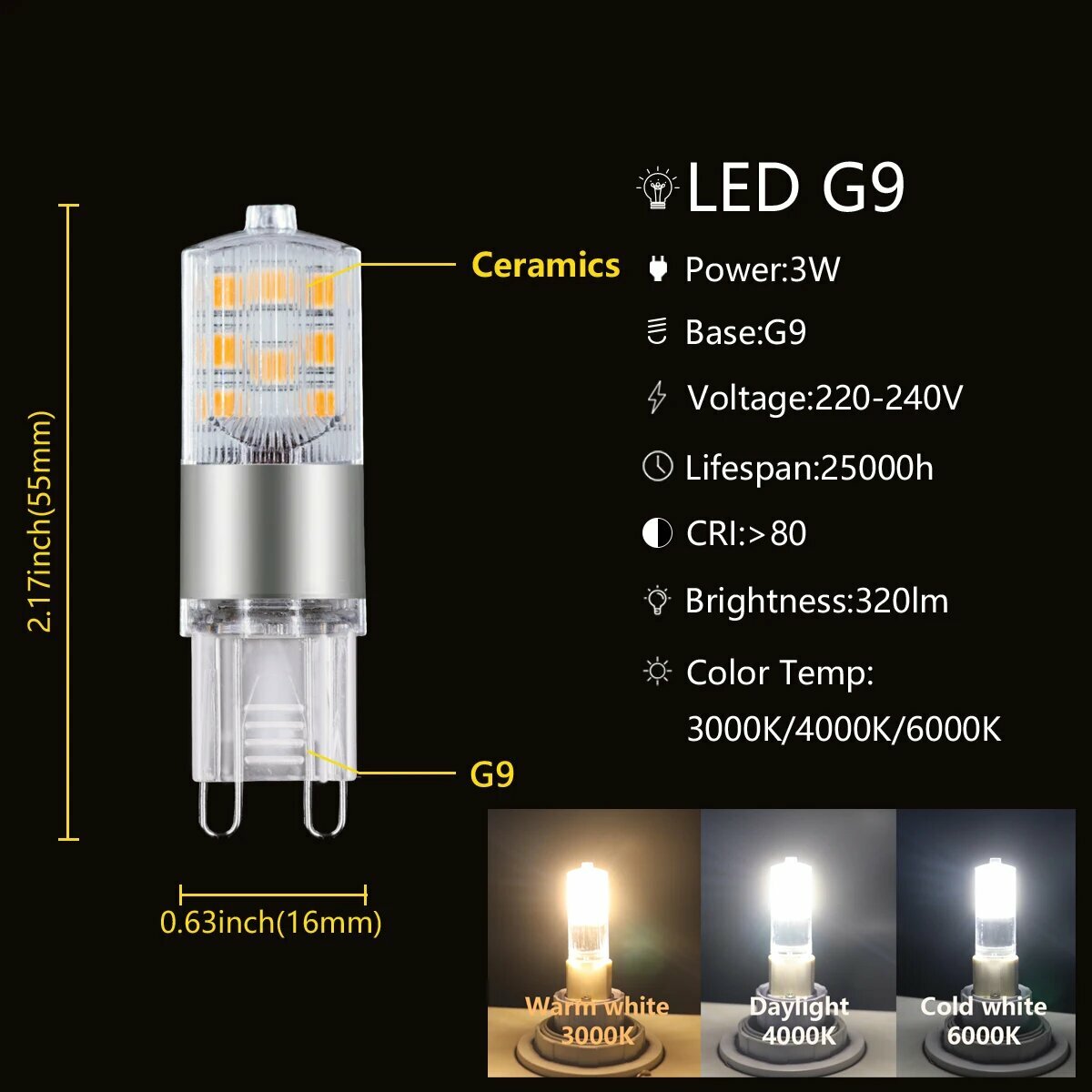 Светодиодная лампа G9, 3W, 3000K, Warm light, 5 шт.