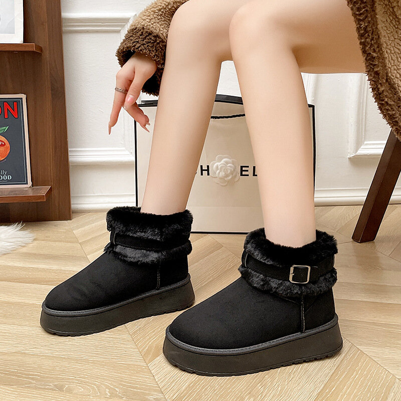 Большие зимние ботинки для женщин из бархата и толстого материала, корейская версия 2025 года, зимние, на толстой платформе, теплые, нескользящие, короткие ботинки
