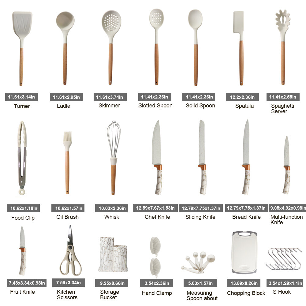 Набор кухонных принадлежностей из 31 предмета, термостойкая посуда с деревянной ручкой, силиконовая кухонная утварь с держателем, нетоксичные лопатки, ложки, щипцы, ножи, набор кухонных приспособлений для антипригарной п