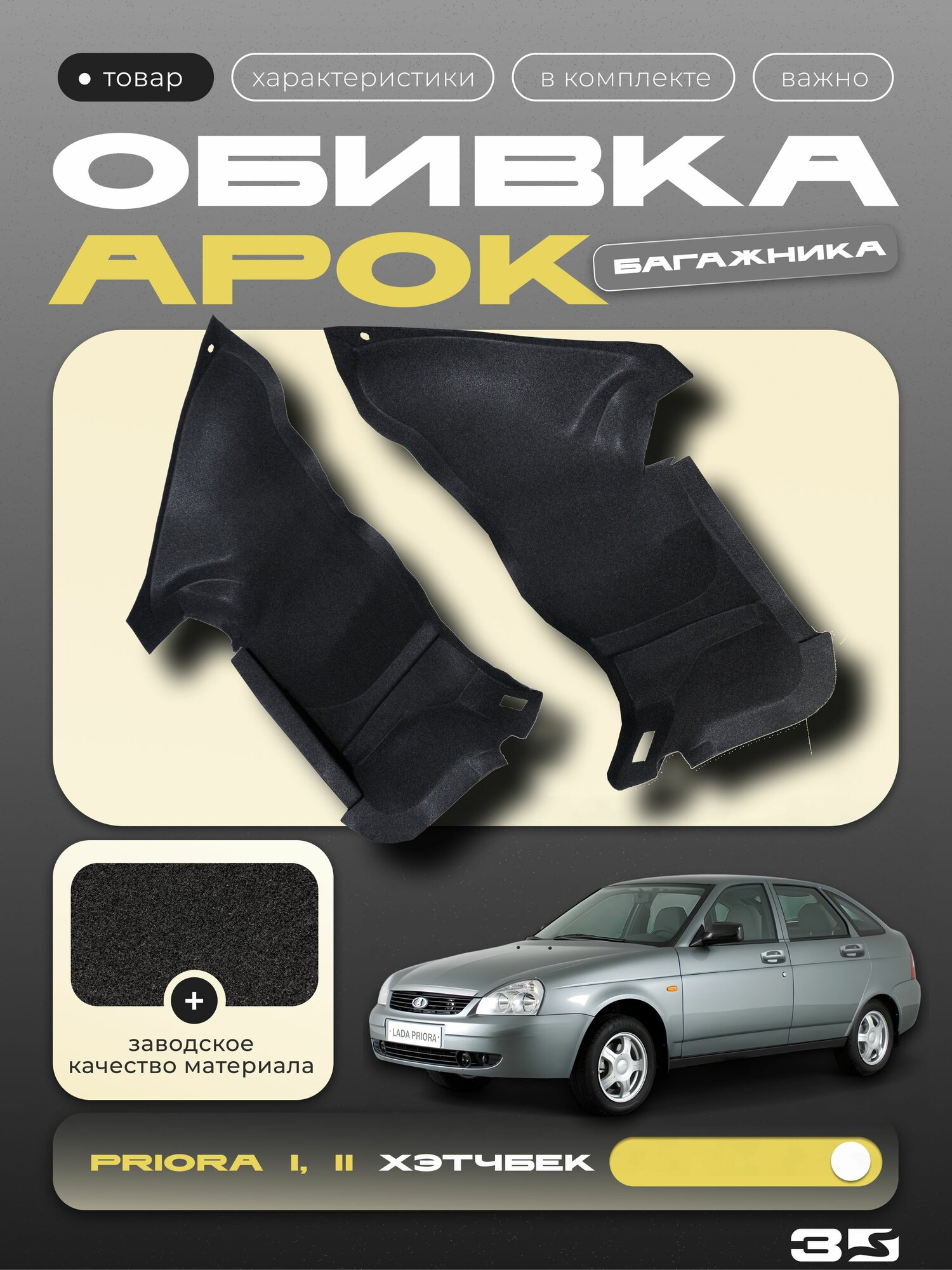 Обивка (обшивка) арок багажника (Формованная) из ворса для Лада Приора хетчбек из 2 частей