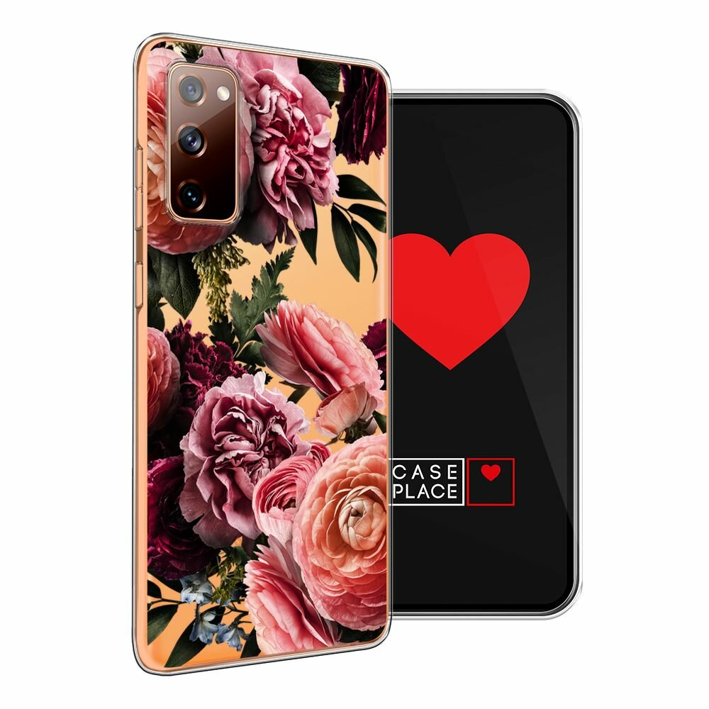 Чехол на Samsung Galaxy S20 FE / Самсунг Галакси S20 FE с принтом "Бордовые винтажные цветы", прозрачный — фото 1