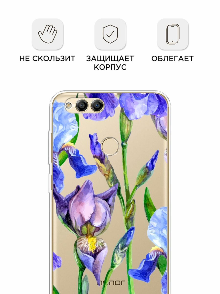 Чехол на Honor 7X / Хонор 7Х с принтом "Синие ирисы", прозрачный — фото 1