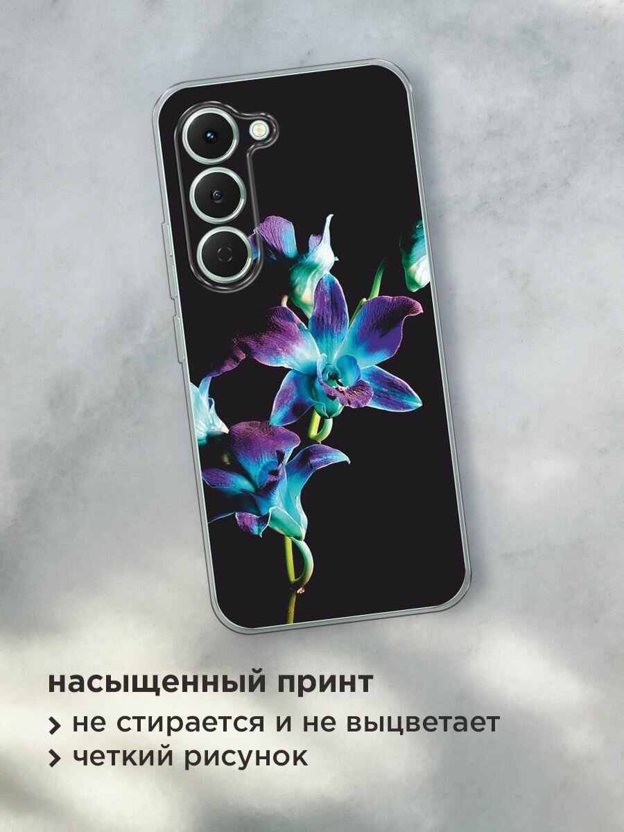 Чехол на Tecno Spark 40 Pro / Текно Спарк 40 Про с принтом "Синий цветок на черном" — фото 1