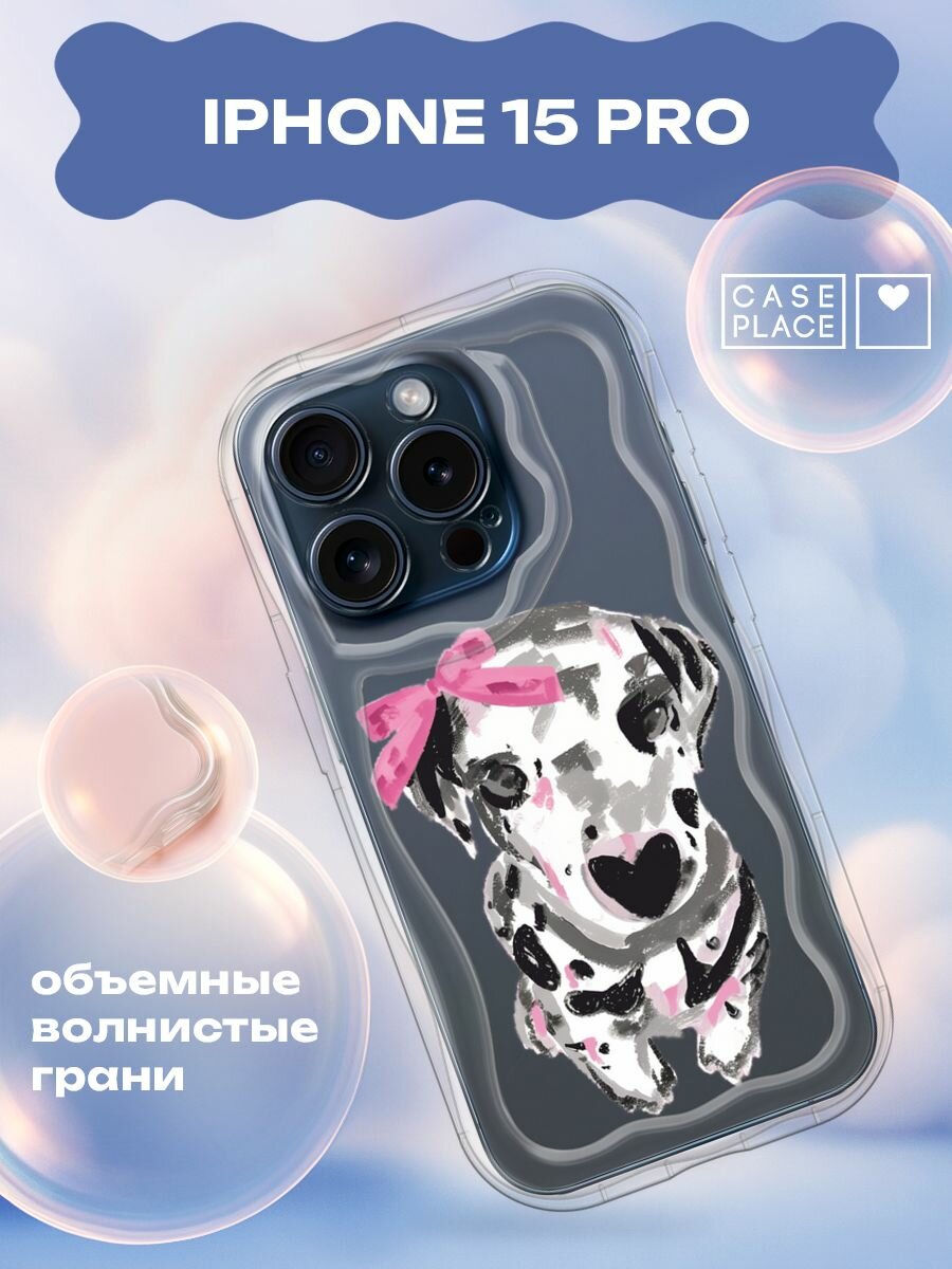 Чехол на Apple iPhone 15 Pro / Айфон 15 Про с принтом "Далматинец с бантиком 3"