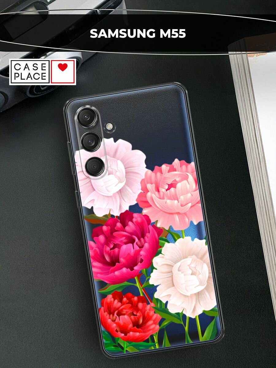 Чехол на Samsung Galaxy M55 / Самсунг M55 с принтом "Большие пионы", прозрачный