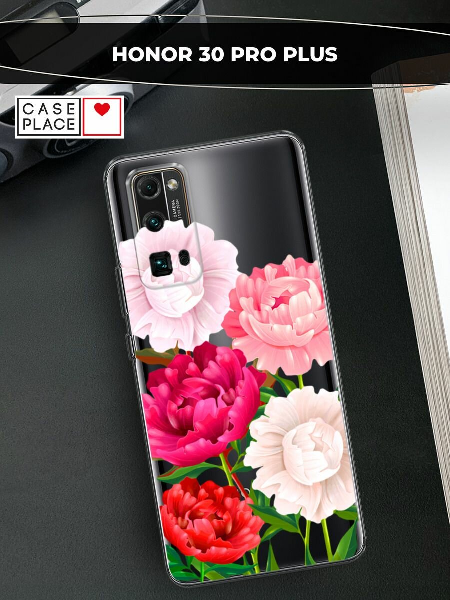 Чехол на Honor 30 Pro Plus / Хонор 30 Про Плюс с принтом "Большие пионы", прозрачный