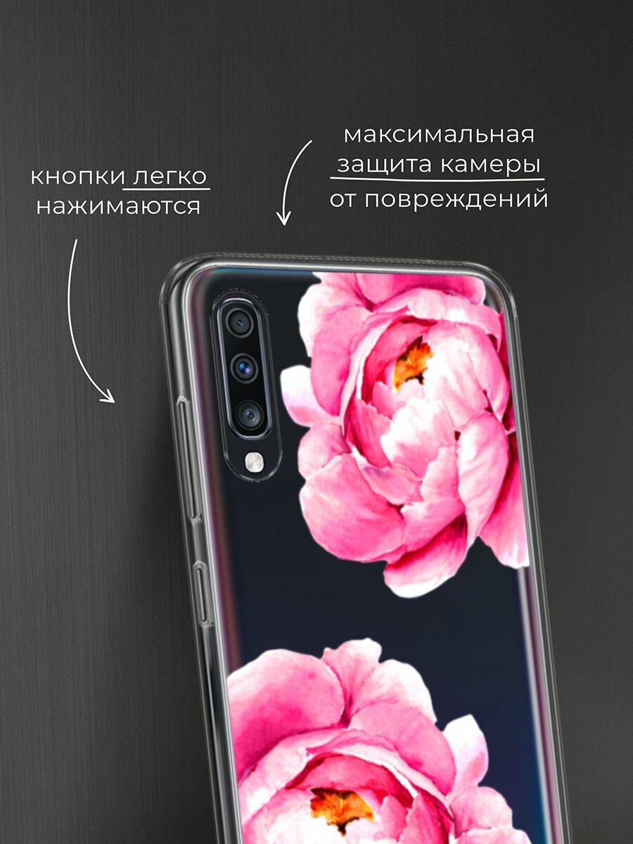 Чехол на Samsung Galaxy A70 / Самсунг Галакси А70 с принтом "Open peonies", прозрачный — фото 1