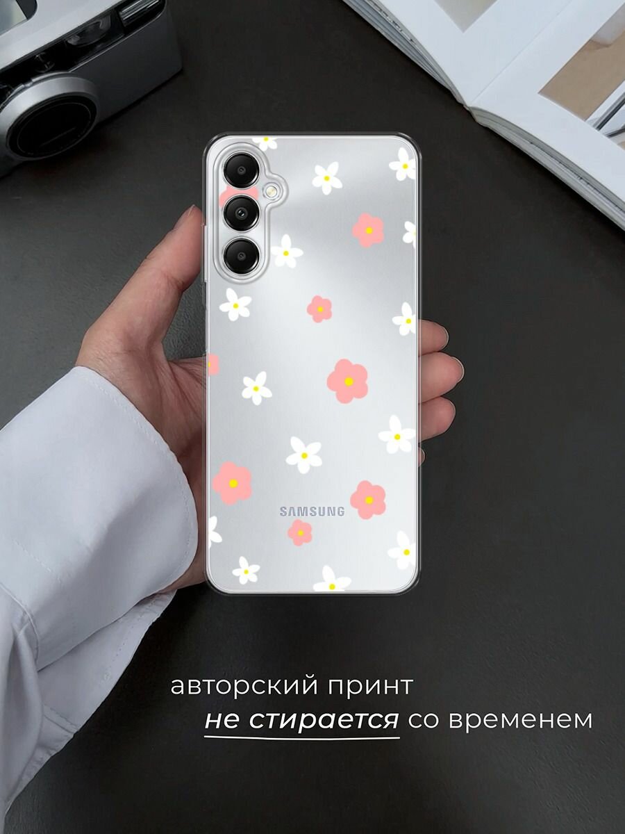 Чехол на Samsung Galaxy A05s / Самсунг Галакси A05s с принтом "Розовые и белые цветы", прозрачный — фото 1