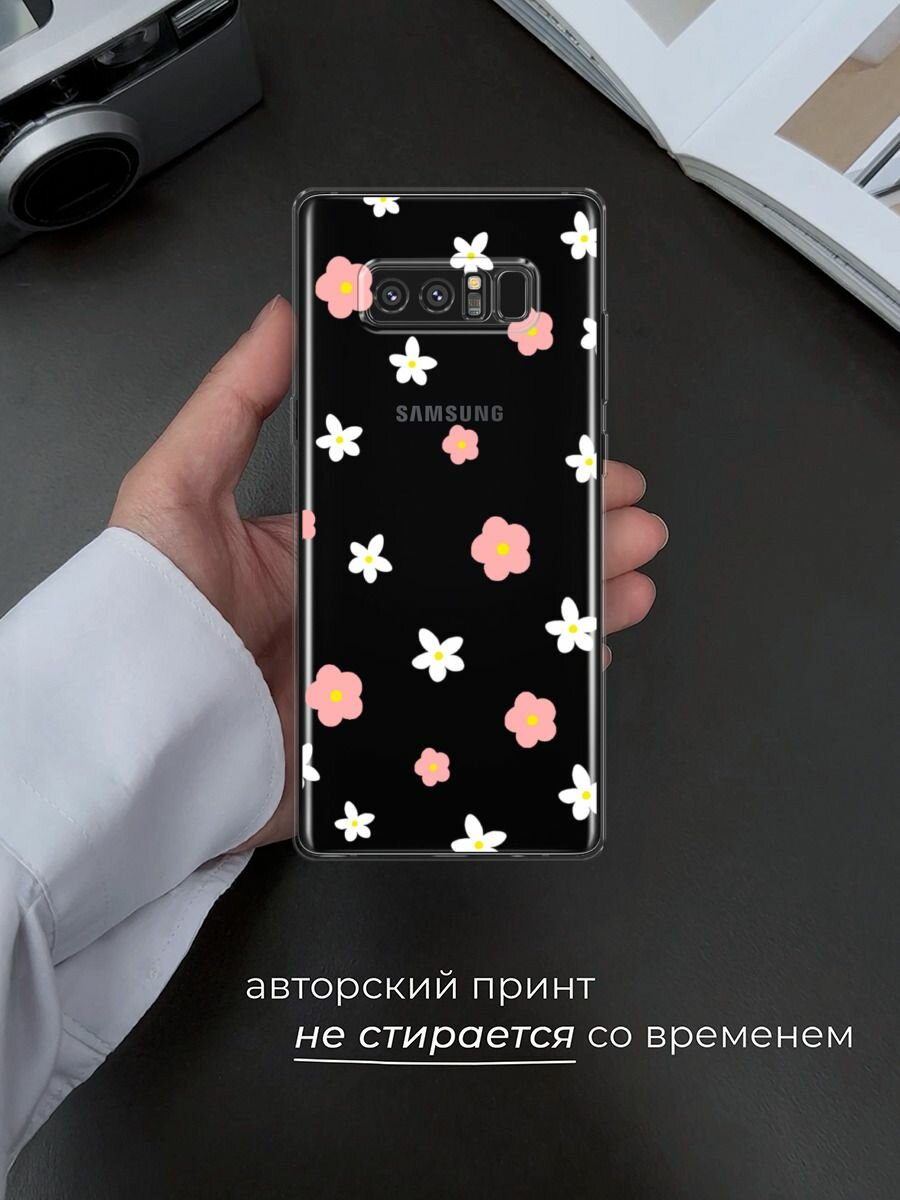 Чехол на Samsung Galaxy Note 8 / Самсунг Галакси Нот 8 с принтом "Розовые и белые цветы", прозрачный — фото 1