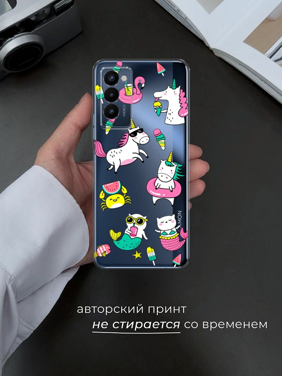 Чехол на Tecno Camon 18P / Техно Камон 18Р с принтом "Единороги в отпуске", прозрачный — фото 1