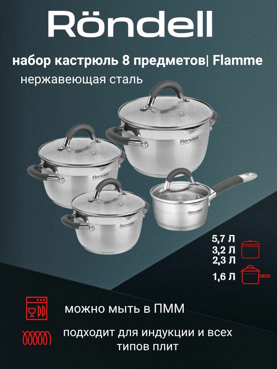 Набор кастрюль для приготовления, Rondell Flamme RDS-040, 8 предметов, индукция, для всех видов плит.