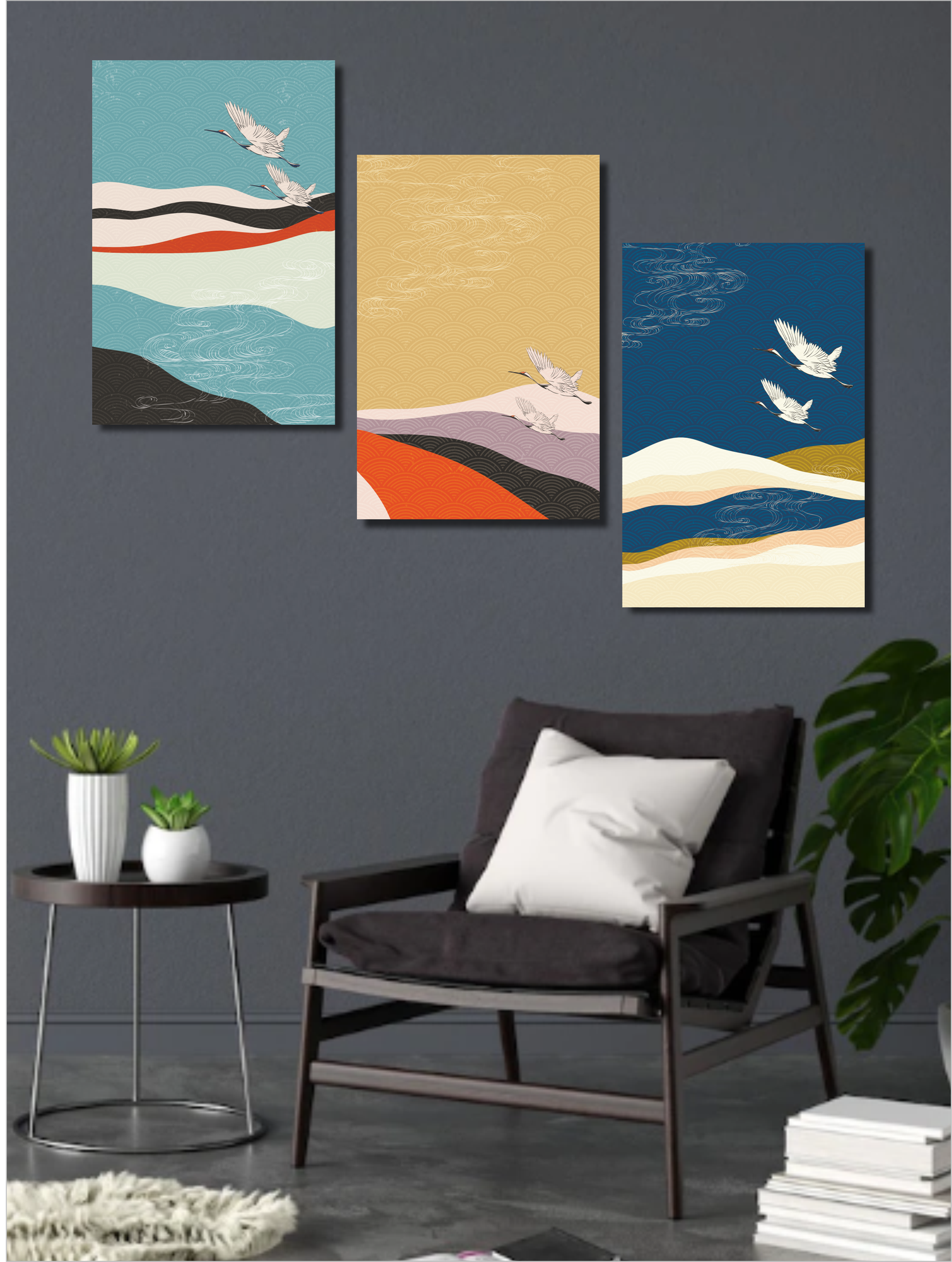 Модульная картина для интерьера на стену минимализм. Пара журавлей в синем небе 40х60 см - 3 штуки на холсте на подрамнике