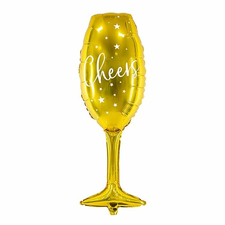 Воздушный шарик PartyDeco фигура, бокал, CHEERS, золотистый
