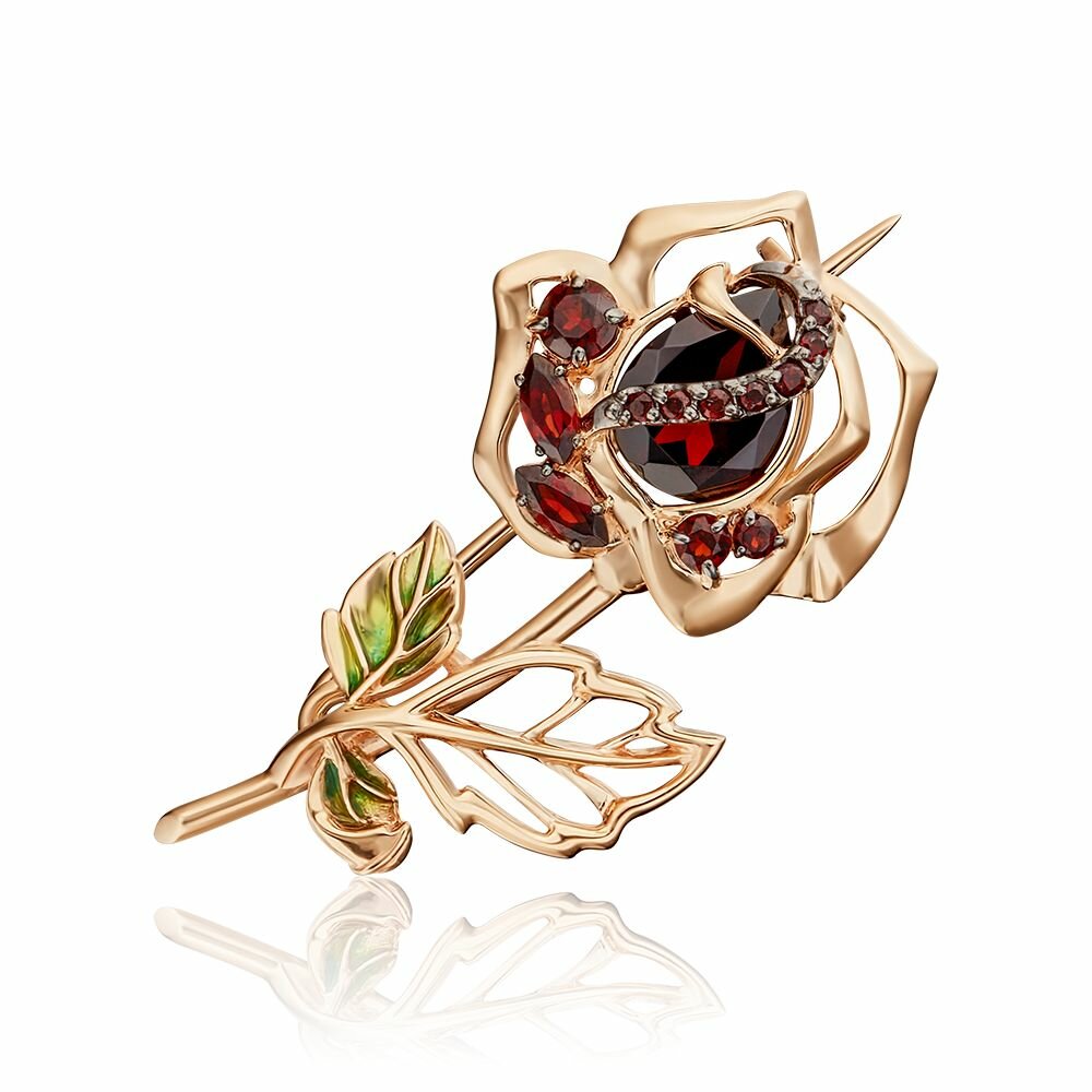 Брошь, красное золото, 585 проба, эмаль, гранат