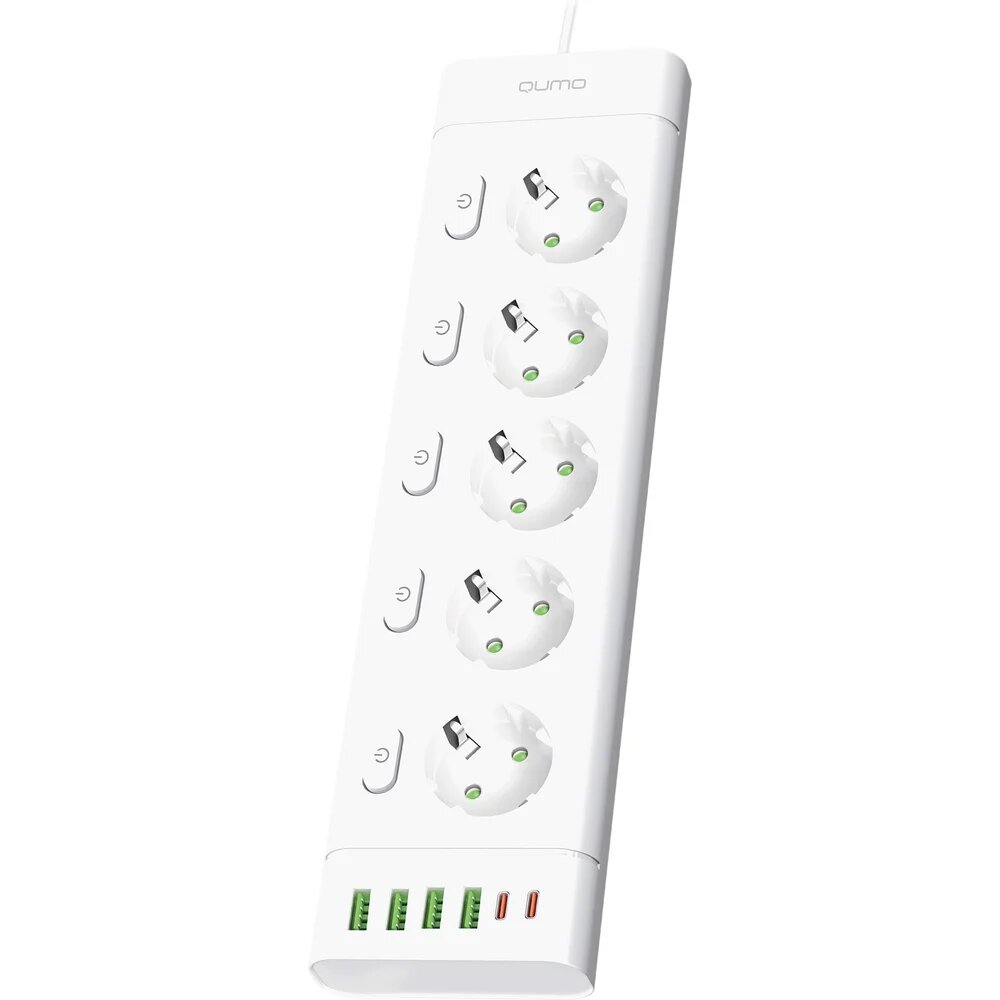Сетевой фильтр QUMO Power Bar SPFSU2, 5 выключаемых розеток, 4 USB-A и 2 Type-C, 2500 Вт, длина кабеля 2 м, белый цвет,