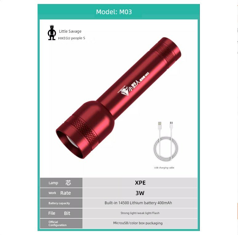 M03 Мини-фонарик с USB-кабелем Красный цвет Яркий светодиод для повседневного использования
