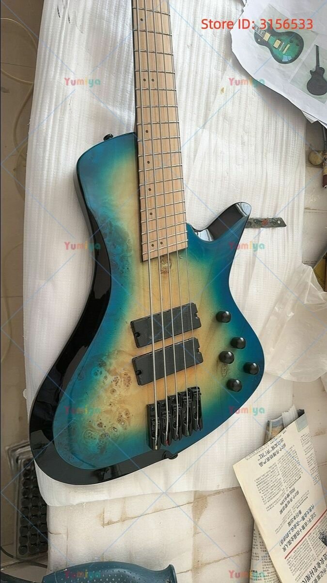 5-струнная электрическая бас-гитара с раздутым ладом Blue Burl Burst, Тополиная электрическая бас-гитара Top Professional