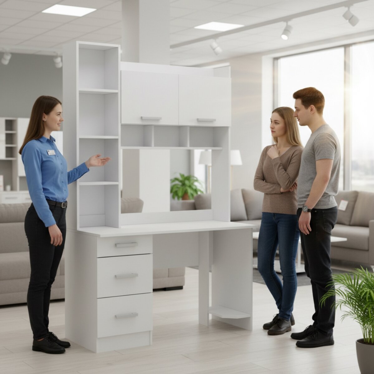 Стол компьютерный письменный Памир ПКС-5 с пеналом, полкой надстройкой и выдвижными ящиками, Белый лофт