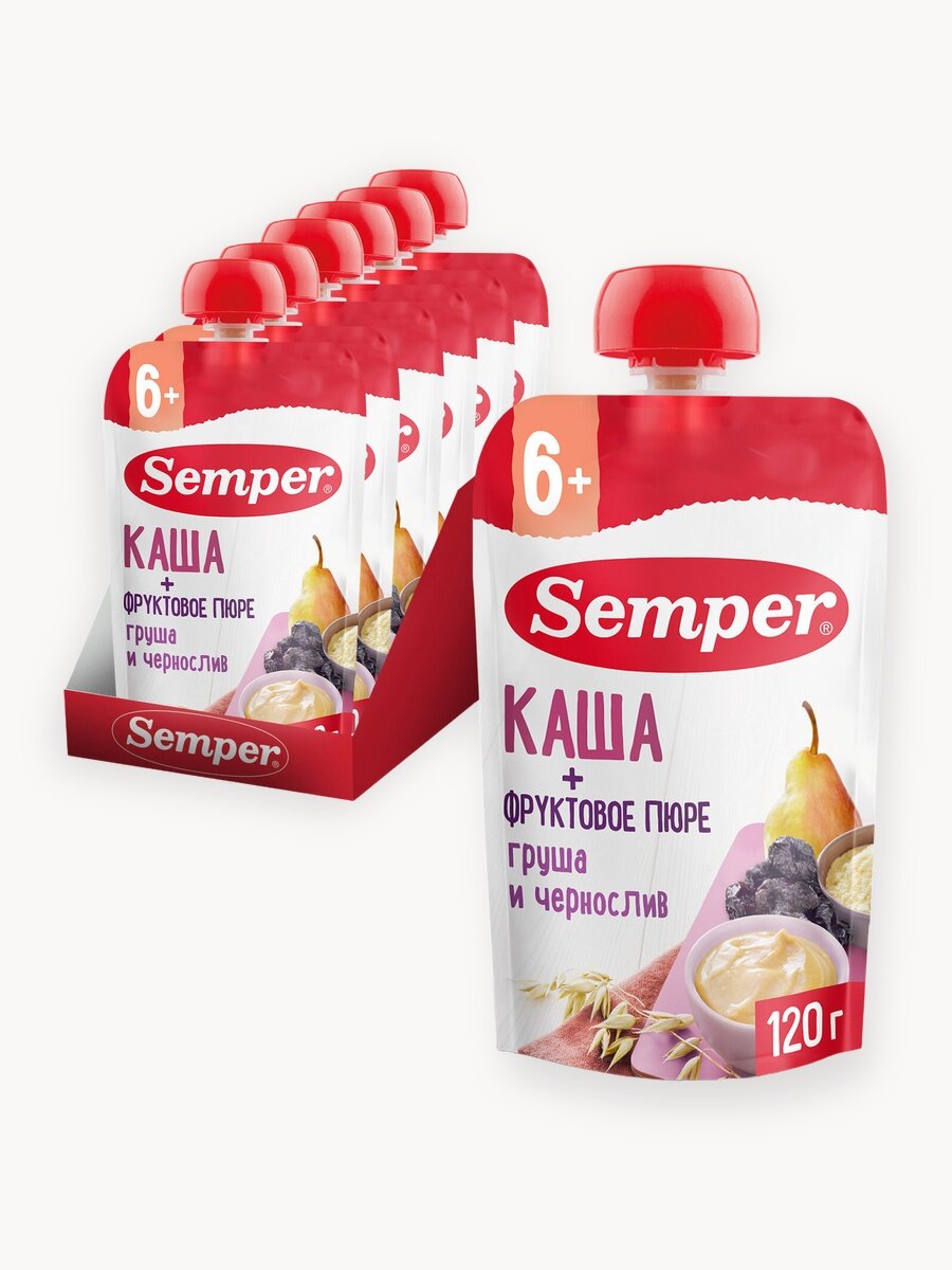 Детское питание пюре фруктовое Semper Груша, чернослив, злаки, с 6 месяцев, 6х120г