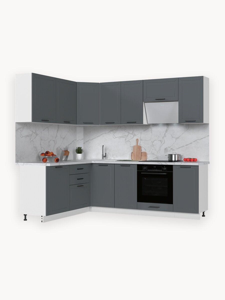 Кухонный гарнитур угловой, столешница Гранит Белый 26мм, Кухня Горный ледник 180х240см Белый/Маренго силк