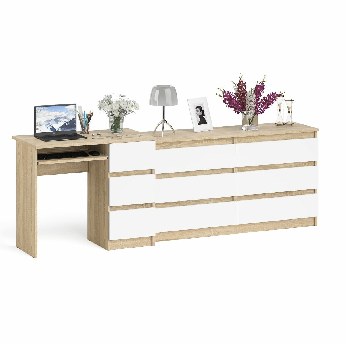 Комод 6-ть ящиков СВК Мори с однотумбовым столом компьютерным правым цвет дуб сонома/белый, 228х50х76,6 см.