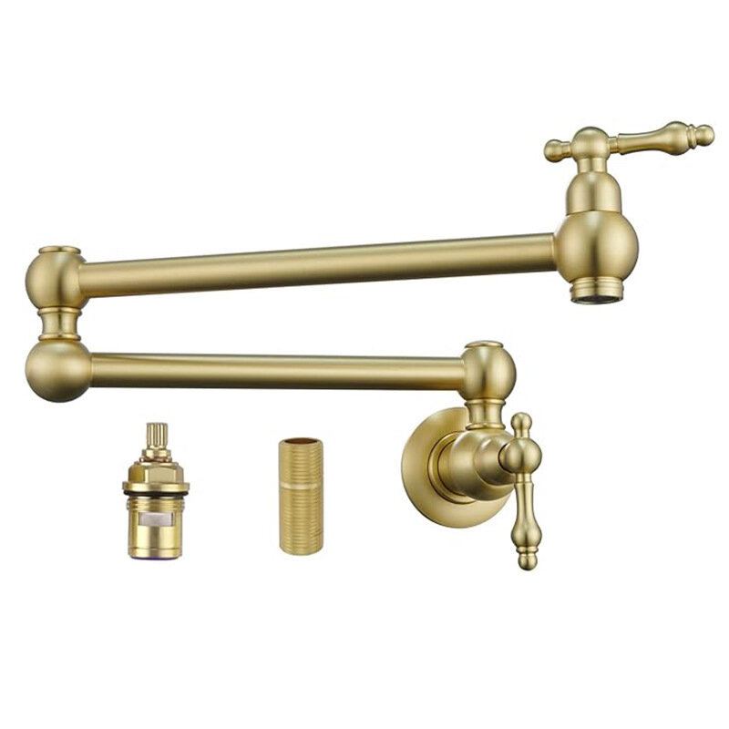 [2026] Североамериканский цельномедный кухонный смеситель в античном стиле с одним режимом подачи воды, складной, с матовой отделкой, настенный, с двойным переключателем и выдвижным изливом.