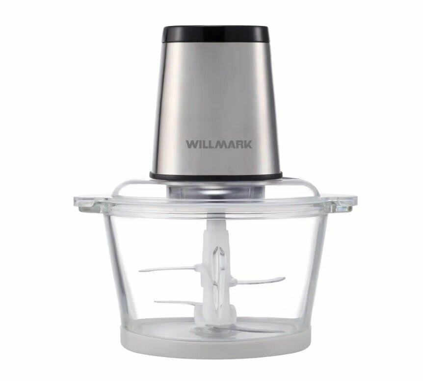 Измельчитель кухонный электрический WILLMARK WMC-7288SS, мощность 550 Вт, чаша 2000 мл, 1 насадка, работа от сети, черный/серебристый