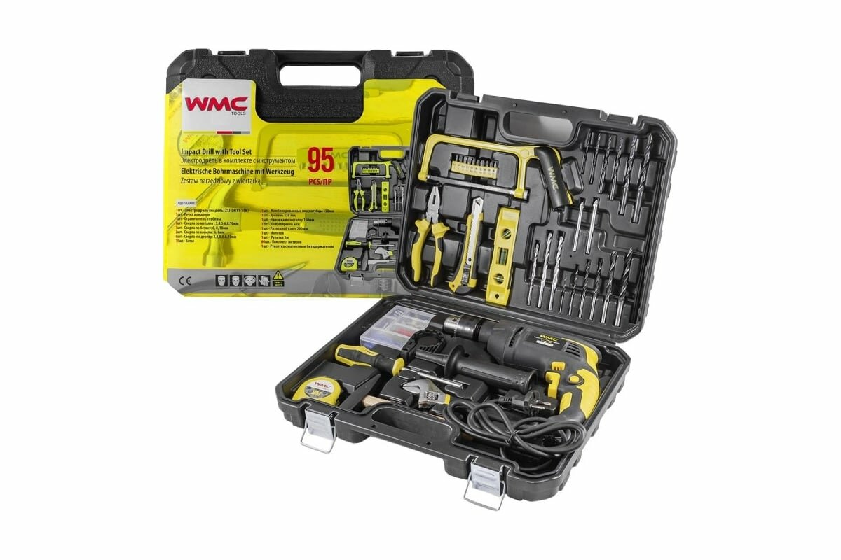 Набор инструментов WMC TOOLS 95 предметов, дрель ударная , набор бит, сверло плоск, уровень , ножовка , кл разводной , рулетка , ножовка , уровень , нож, комплект метиз WMC-109550786