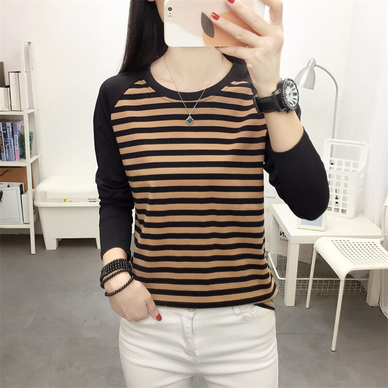 Футболка с длинным рукавом из хлопка свободного кроя для женщин, весенний европейский и американский стиль, базовая футболка, пэчворк, универсальный полосатый топ