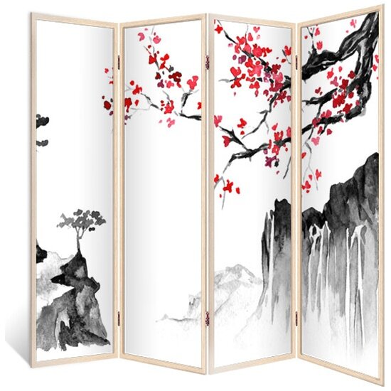 Ширма перегородка Декор Депо для комнаты деревянная "Быстрота течения" двухсторонняя с картинкой (живопись) 4 створки кремовый дуб 176х185 см 14 кг