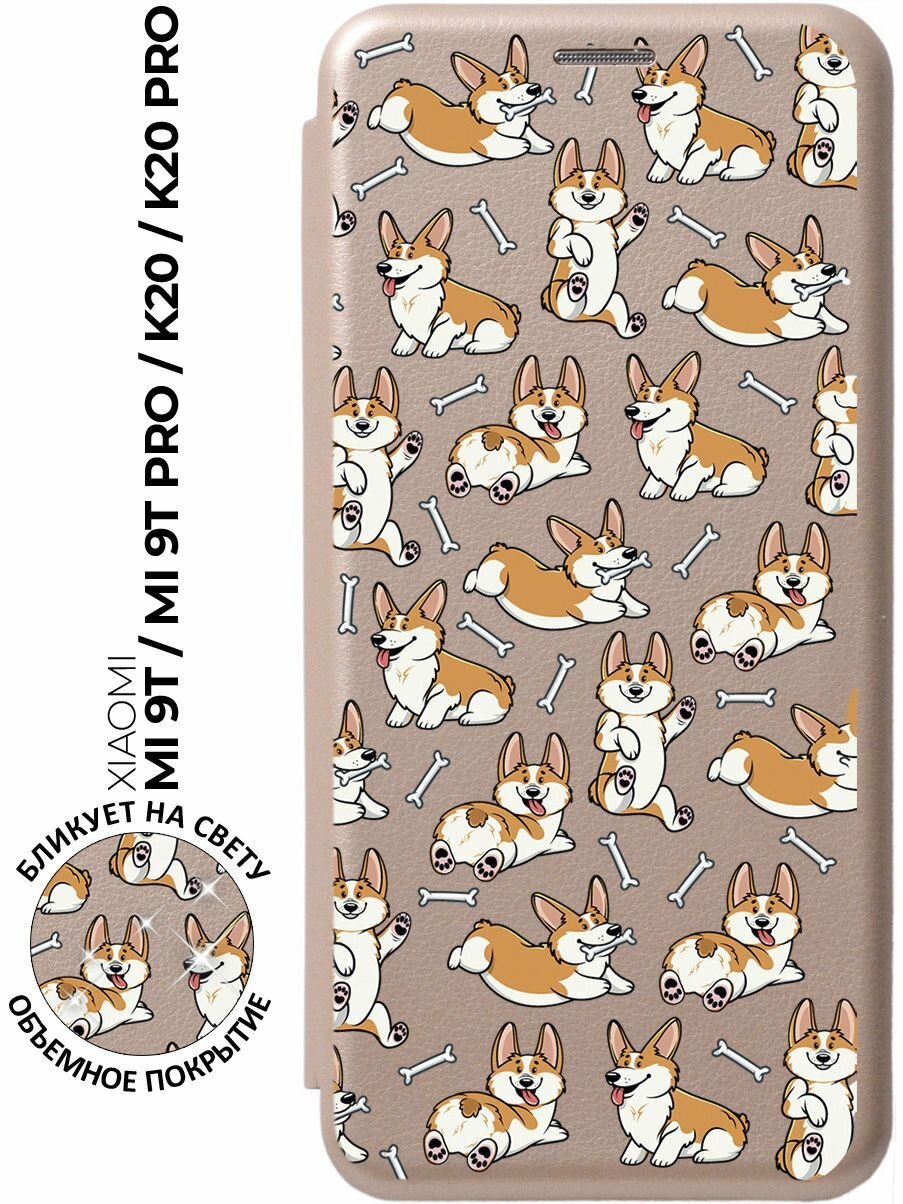 Чехол-книжка Corgi Pattern на Xiaomi Mi 9T / Mi 9T Pro / K20 / K20 Pro / Сяоми Ми 9Т / Ми 9Т Про с 3D эффектом золотой