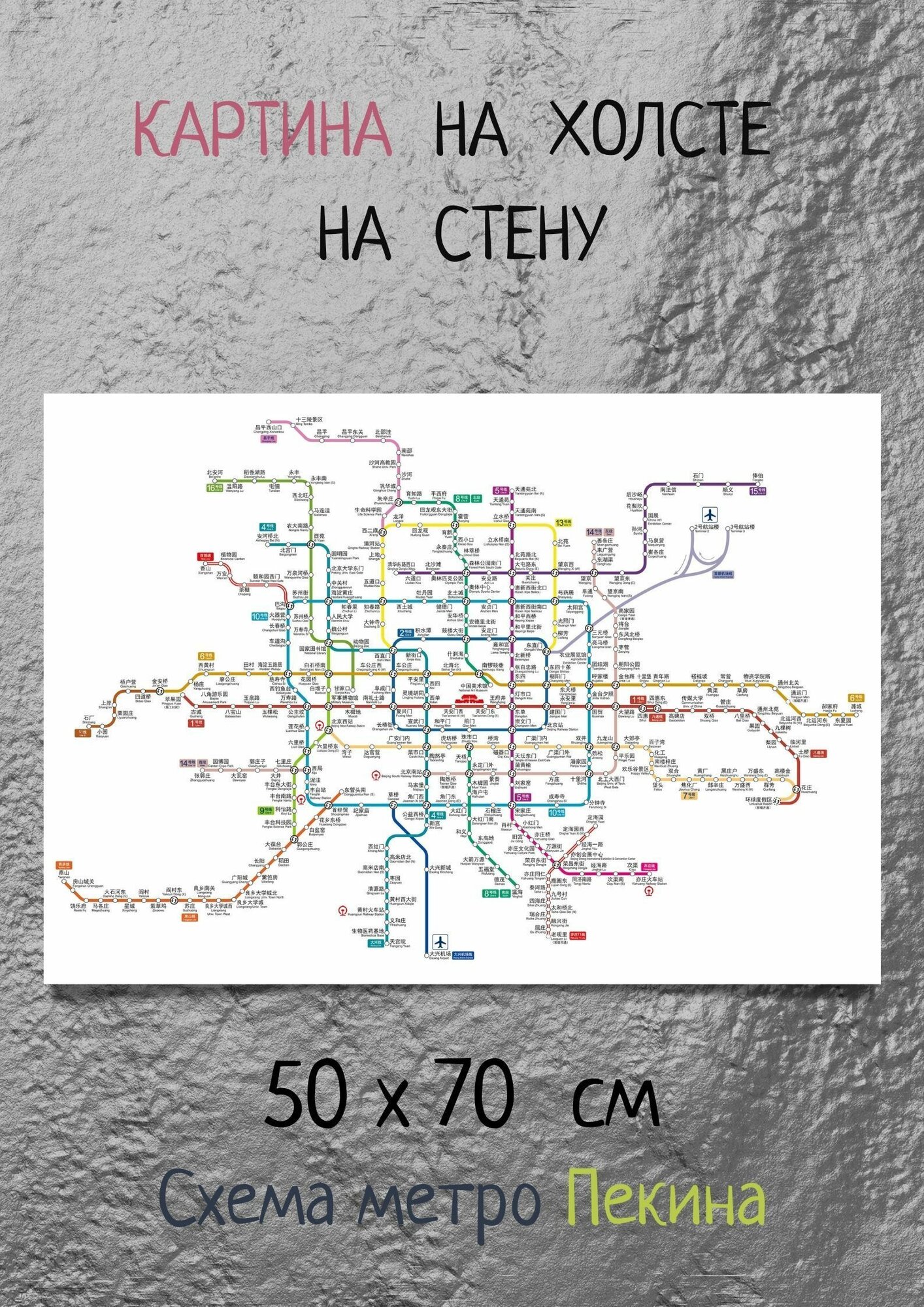 Картина на холсте интерьерная "Схема метро Пекина в Китае"