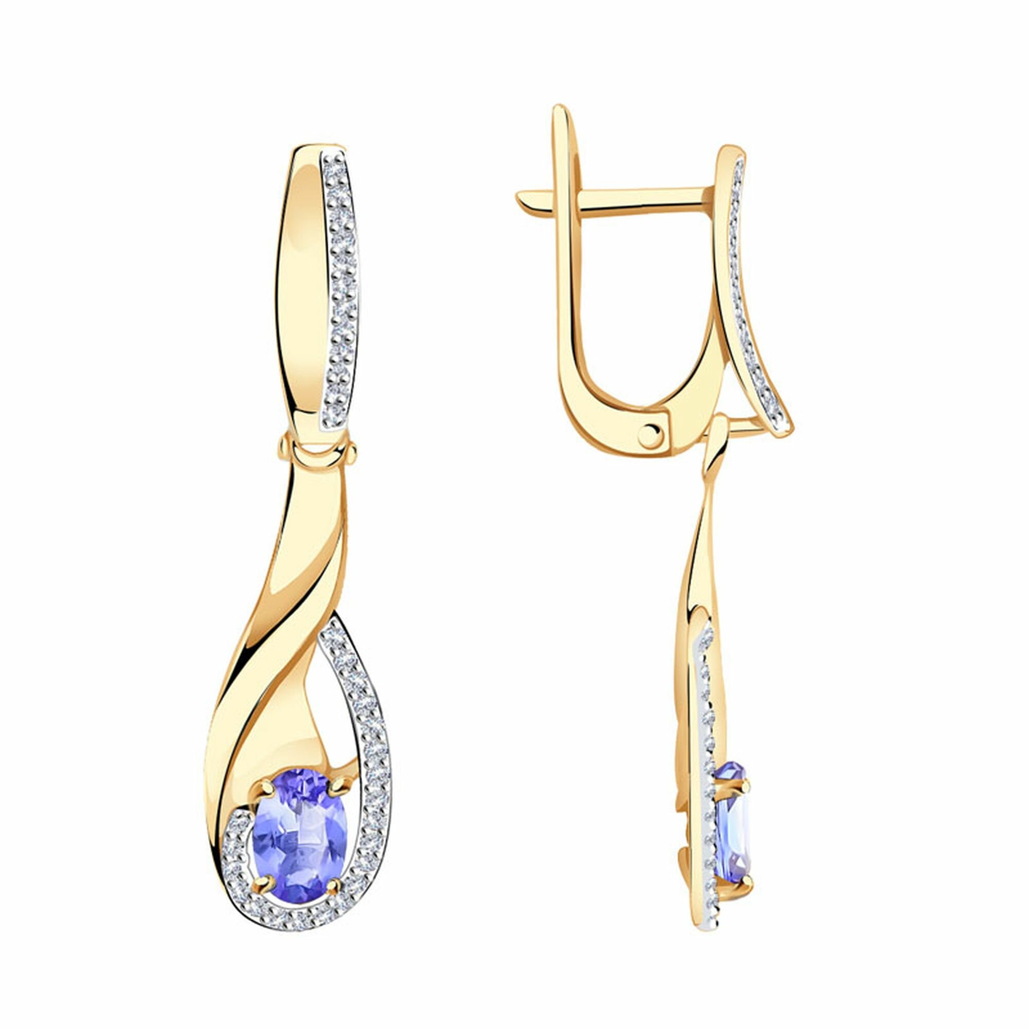 Серьги, красное золото, 585 проба, бриллиант, танзанит