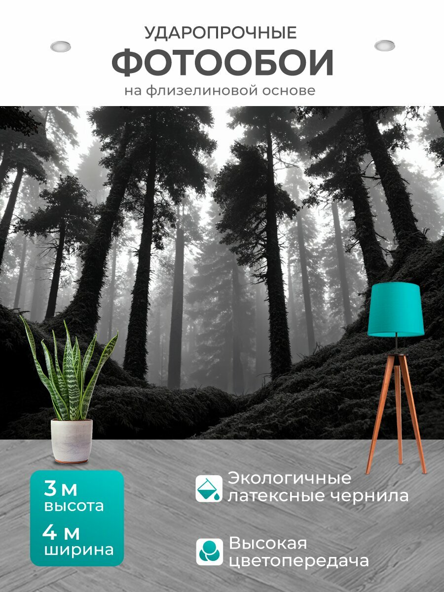 Фотообои моющиеся ударопрочные "Фотообои лес в стиле черно-белый: изометрическое изображение густого леса с высокими деревьями, покрытыми мхом," 400x300 см. флизелиновые на стену