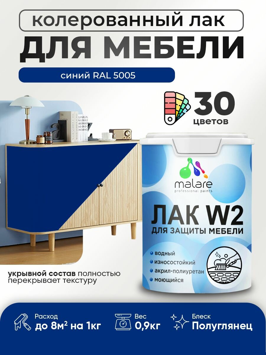Лак колерованный укрывной лак для мебели Malare W2 для кухонных фасадов, для дерева и минеральных поверхностей, акриловый быстросохнущий без запаха, полуглянцевый RAL 5005 синий, 0.9 кг.