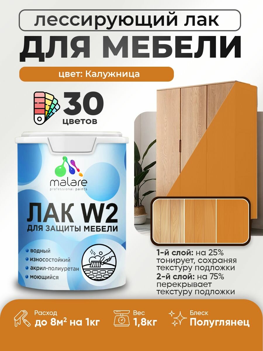 Лак колерованный тонирующий лак для мебели Malare W2 для кухонных фасадов, для дерева и минеральных поверхностей, акриловый быстросохнущий без запаха, полуглянцевый, калужница, 1.8 кг.