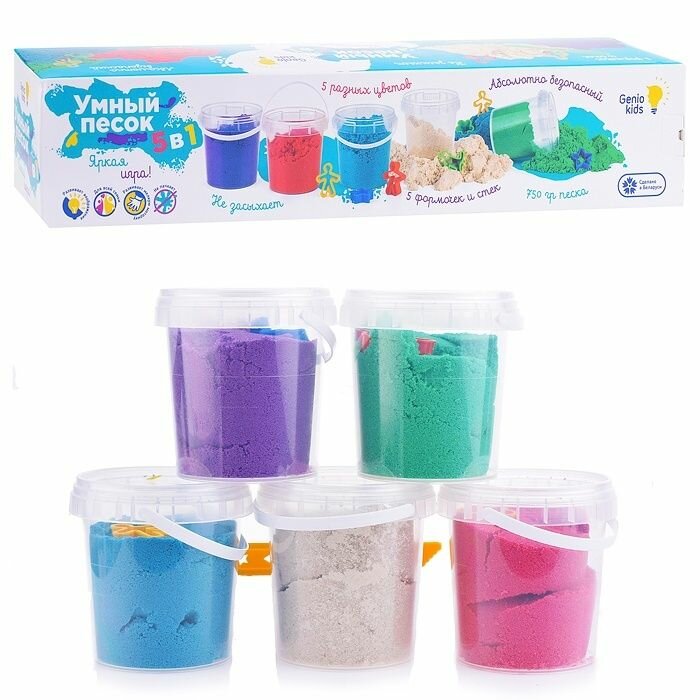 Умный песок Genio Kids "5 в 1" 750 г, 5 цветов, формочек, стек (SSR06)