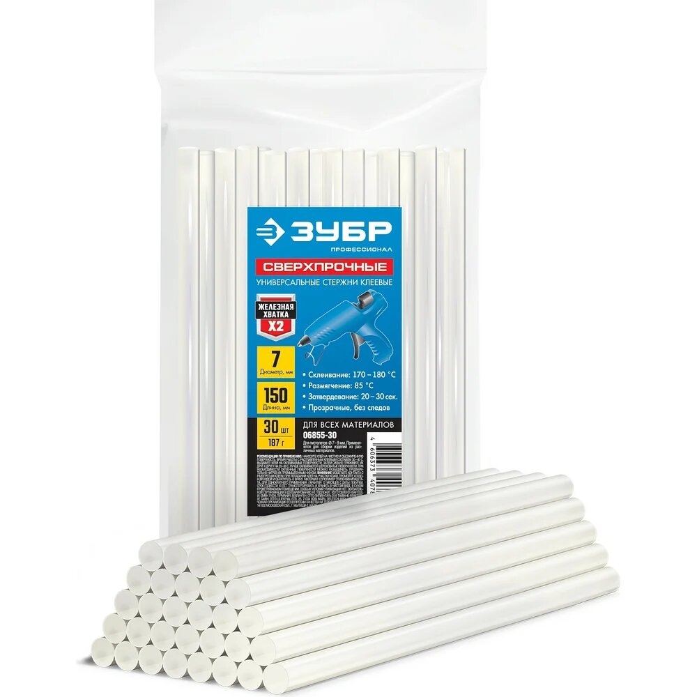 Прозрачные сверхпрочные клеевые стержни ЗУБР Профессионал, универсальное применение, прочный полимерный материал