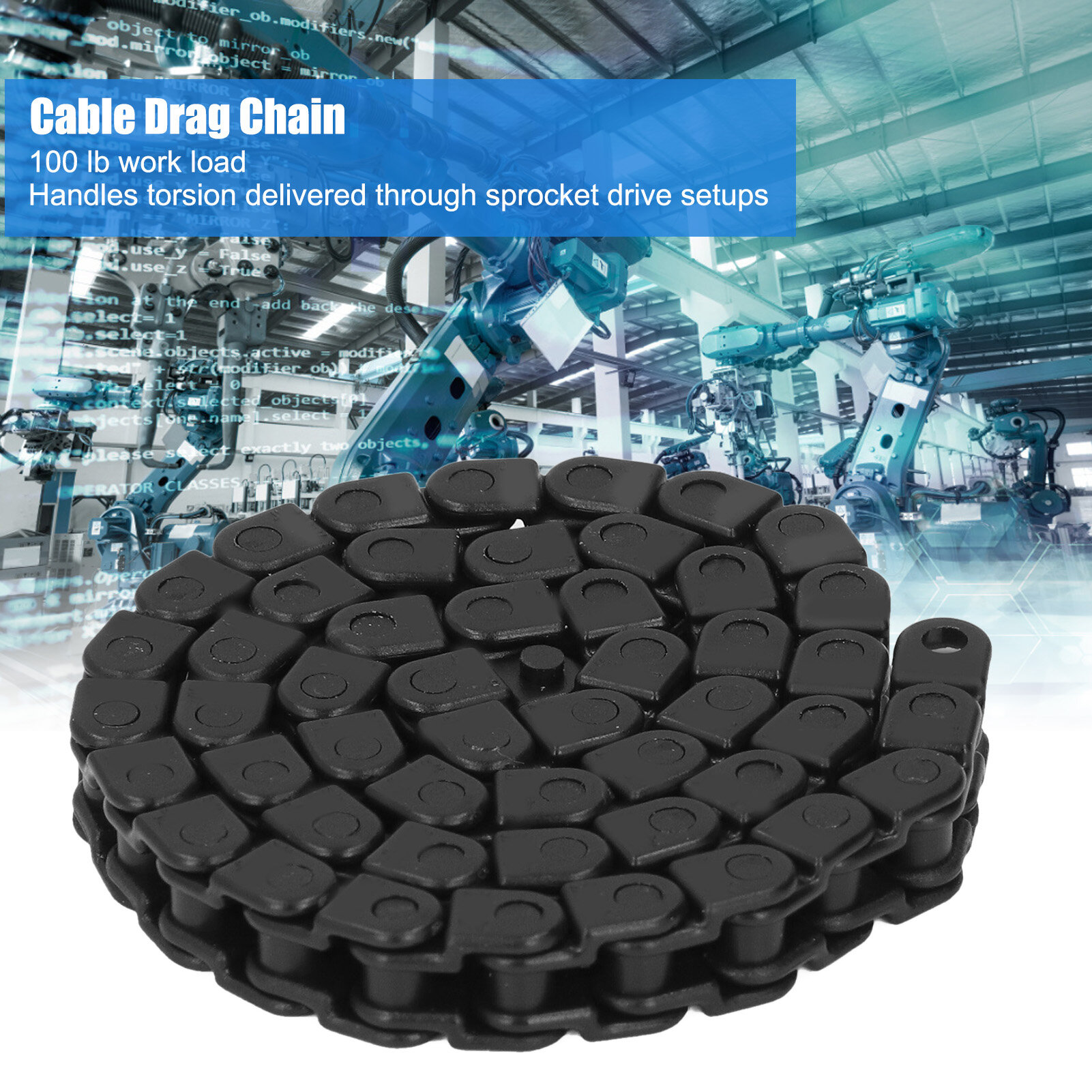 Кабельная цепь Черные закрытые пластиковые цепи Гибкая несущая проволока Шаг 8 мм Длина 400 мм 50 звеньев