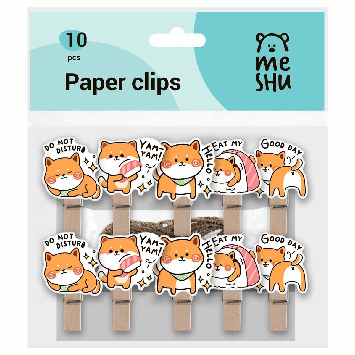 Зажимы для бумаг деревянные MESHU "Funny dogs" (7мм, с веревкой) пакет с подвесом, 10шт. (MS_55484)