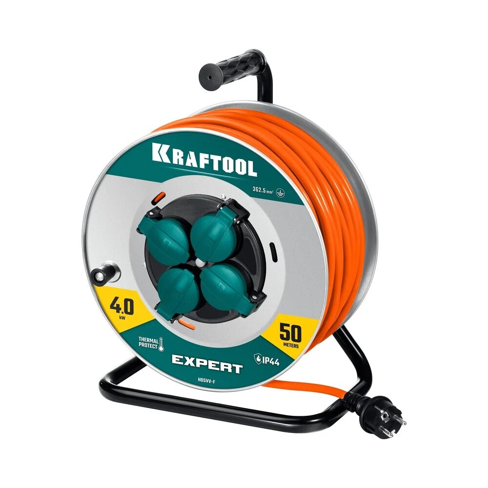 Силовой удлинитель на стальной катушке KRAFTOOL Expert ПВС, 50м 3x2.5